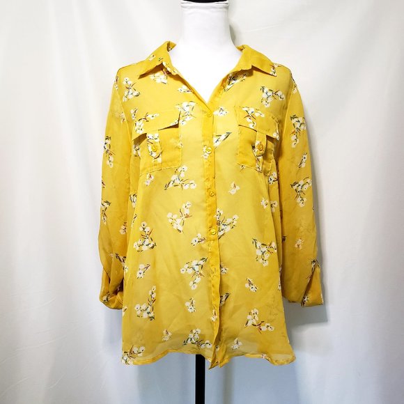 Bella D. | Tops | Nwt Mustart Yellow Sheer Floral Boho Blouse Button Up ...